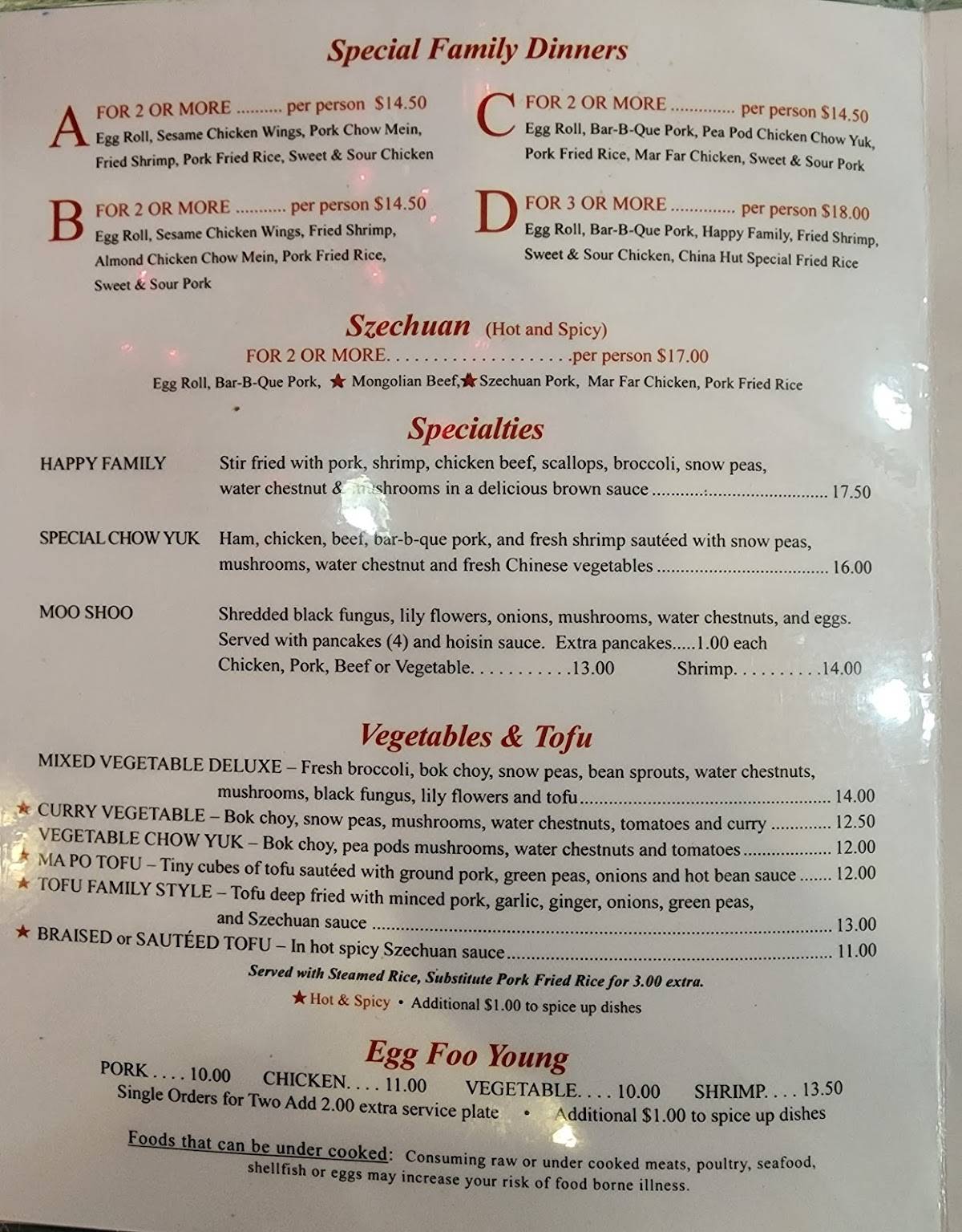 Menu at China Hut restaurant, Grants Pass