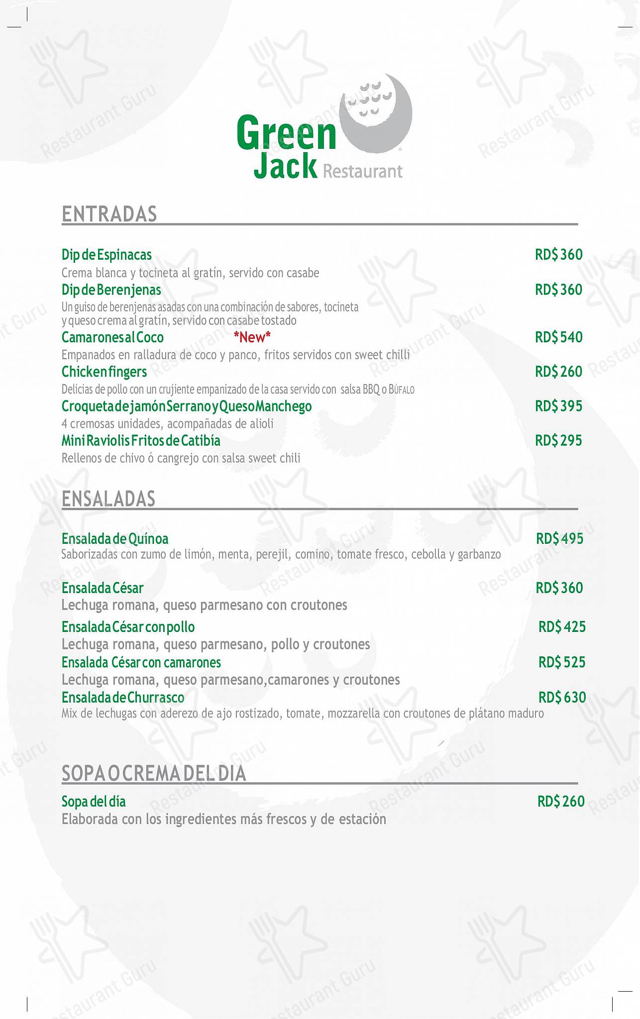 Menu at Green Jack Tar * restaurant, Puerto Plata
