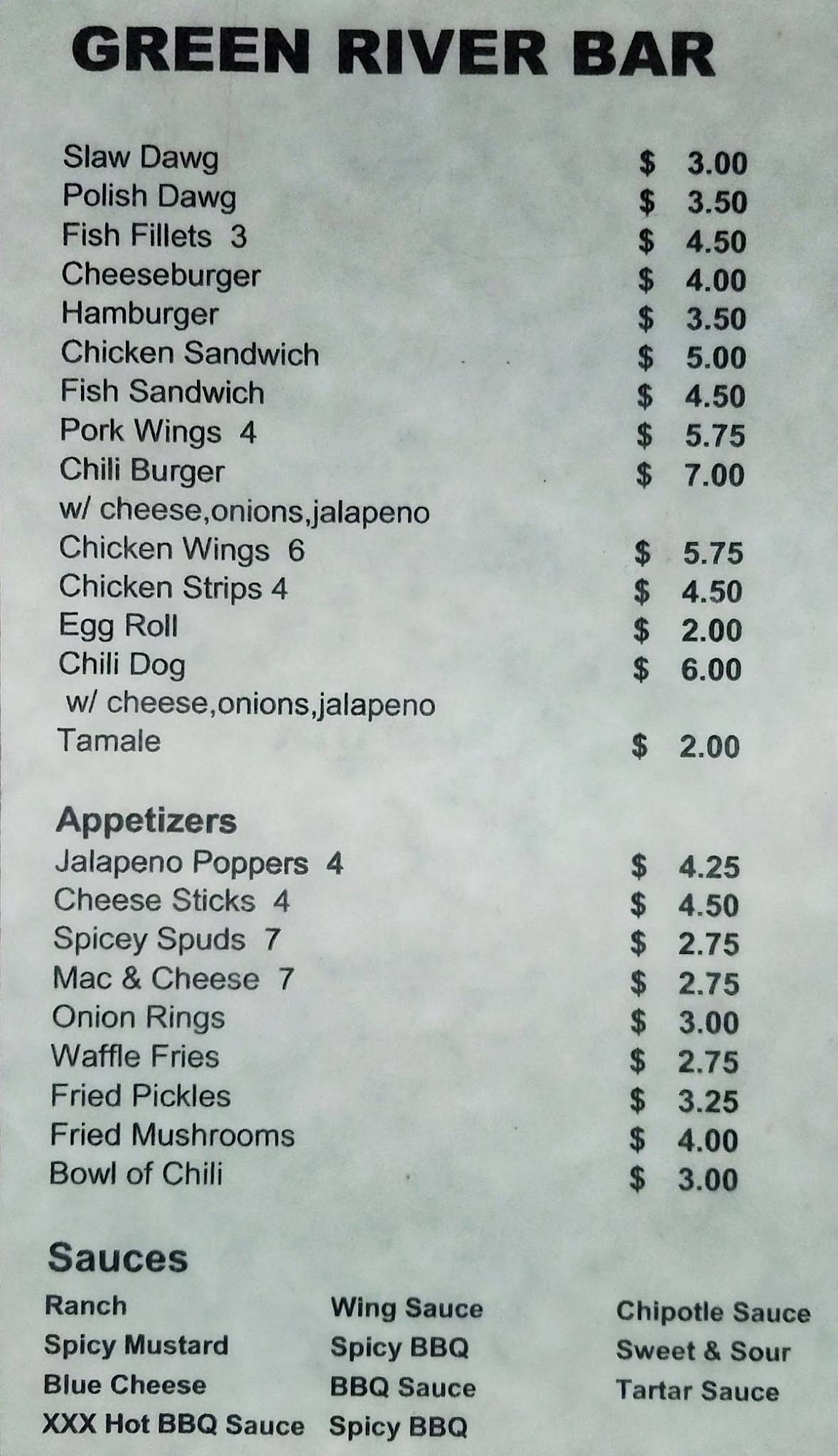 Menu at Green River Bar, Daniel