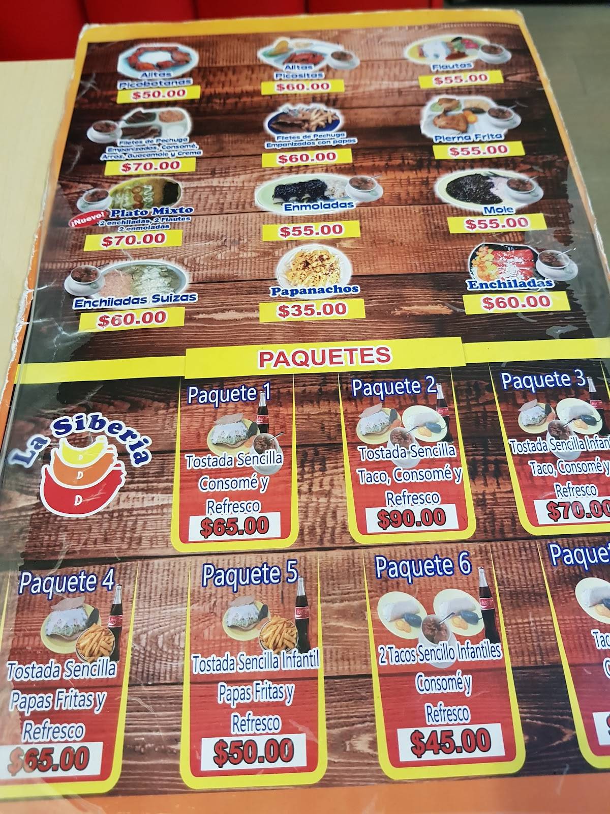 Carta del restaurante La Siberia San Miguel, Guadalupe