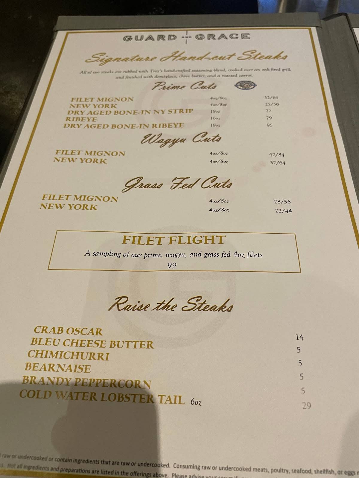 Menu at Guard and Grace steakhouse, Denver