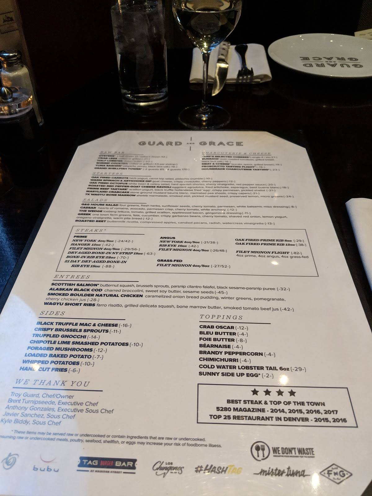 Menu at Guard and Grace steakhouse, Denver
