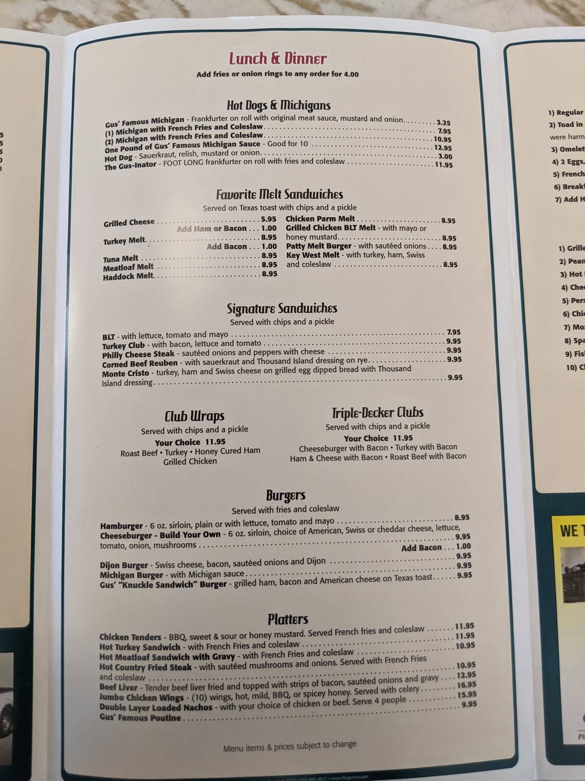 Menu at Gus' Red Hots restaurant, Plattsburgh