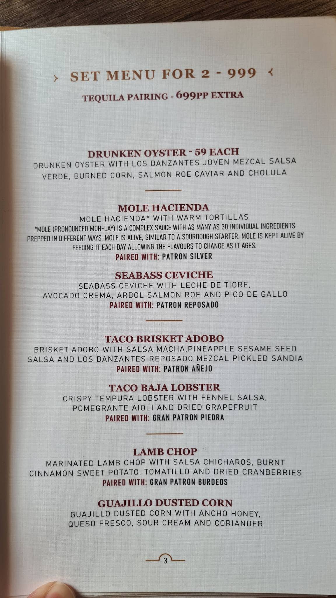 Menu at Hacienda Coastal Mexican restaurant, Cape Town