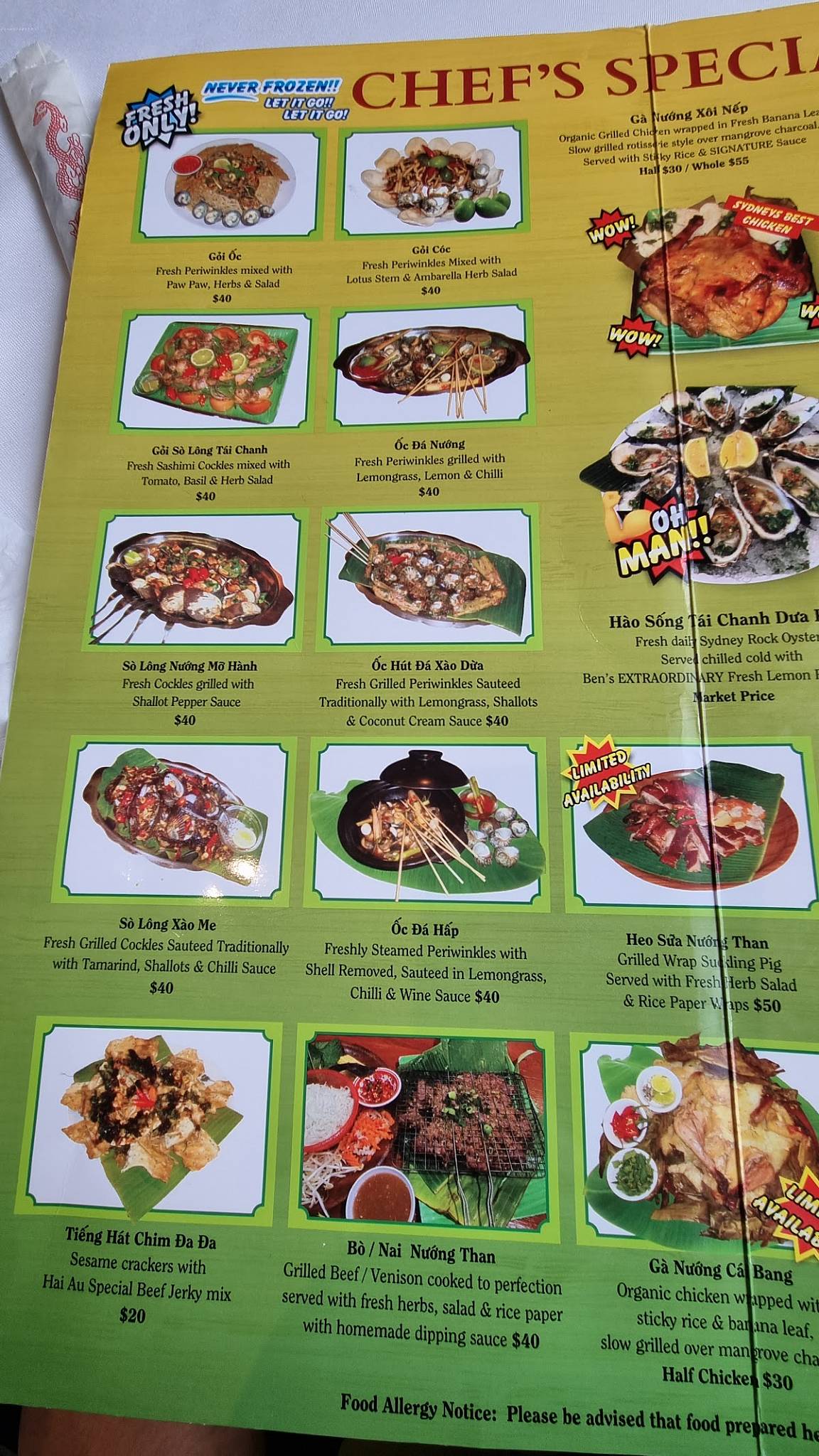 Menu at Hai Au Lang Nuong restaurant, Canley Vale