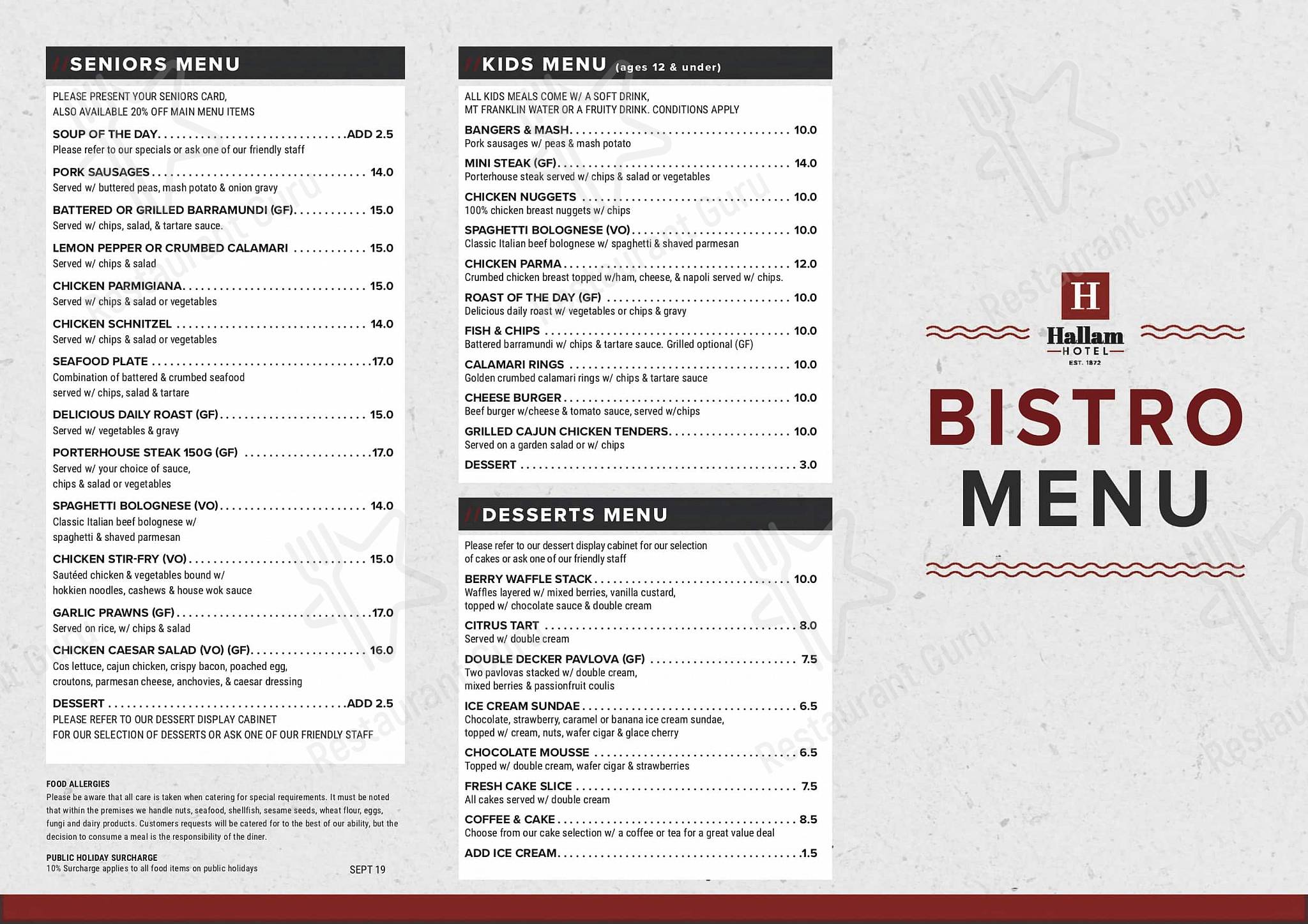 Menu at Hallam Hotel restaurant, Hallam