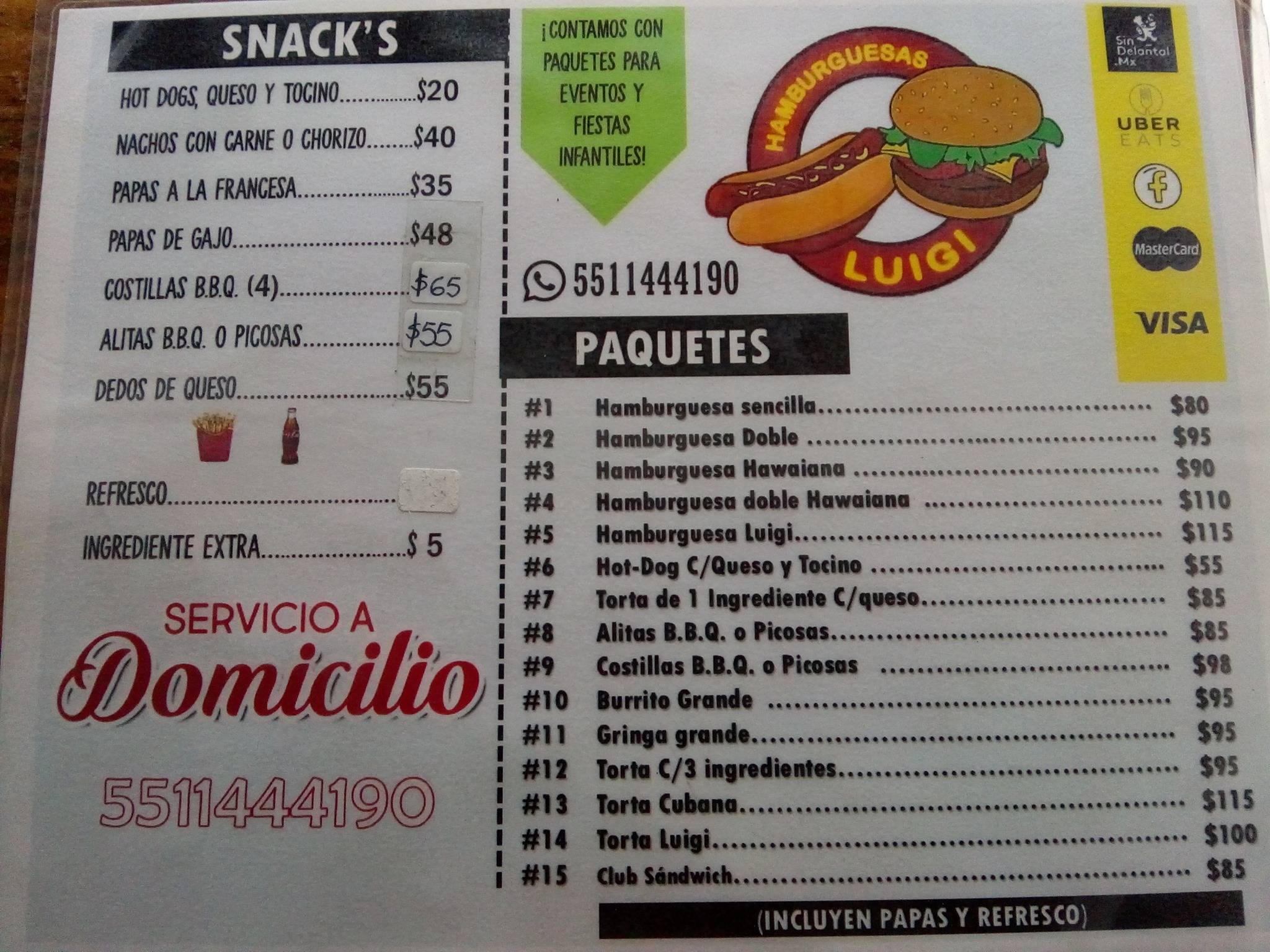 Menu at Hamburguesas Luigi restaurant, Mexico City, Cda. de Cantera 49