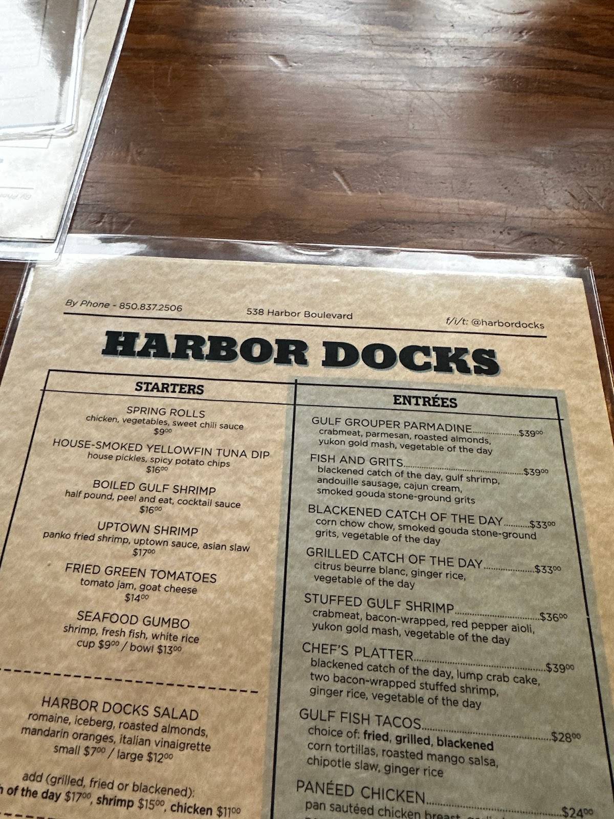 Menu at Harbor Docks restaurant, Destin, 538 Harbor Blvd