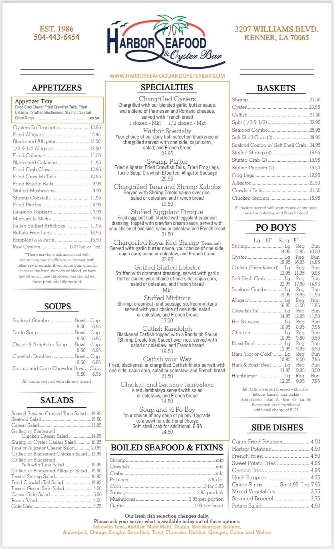 Menu at Harbor Seafood & Oyster Bar, Kenner