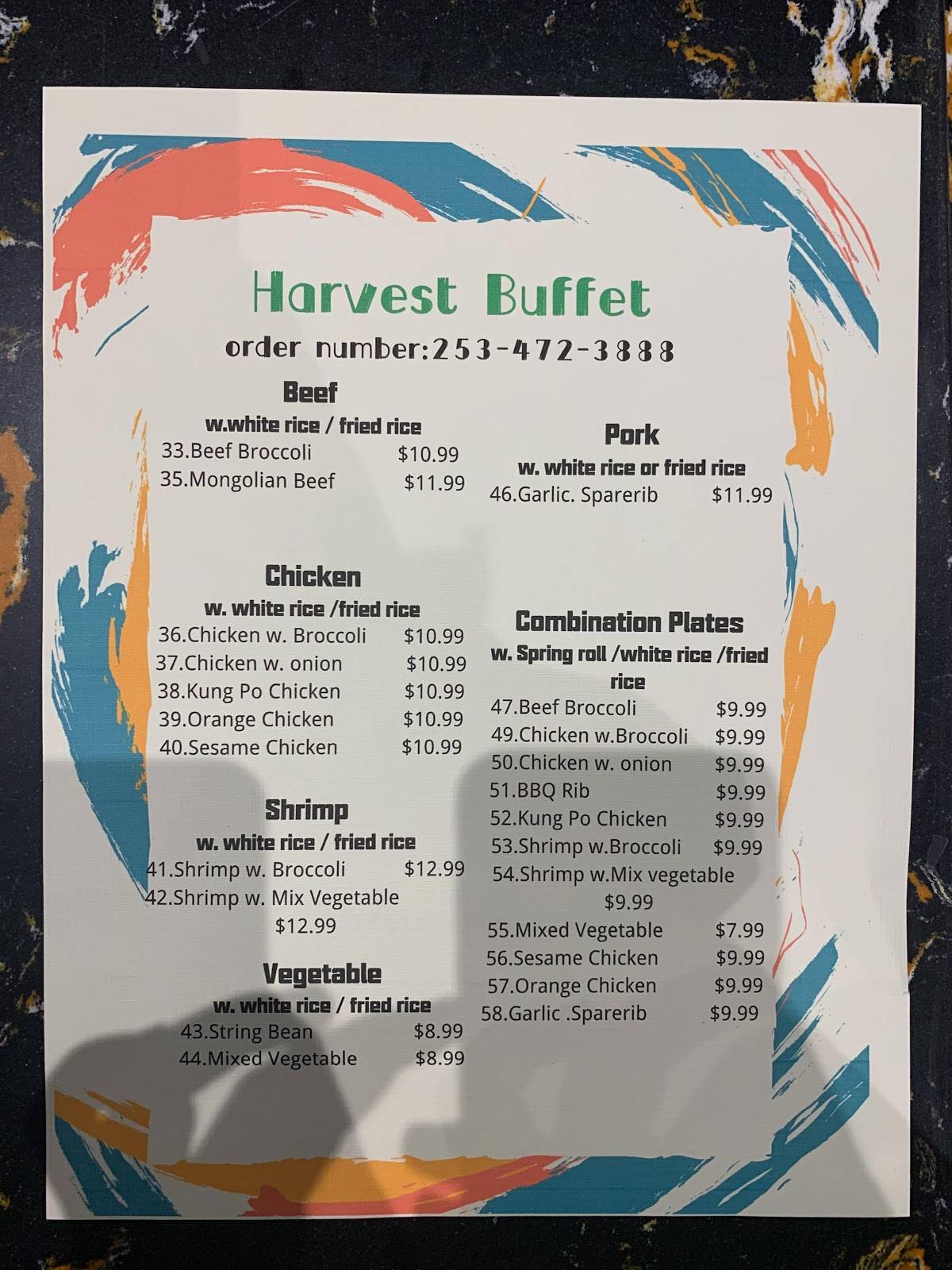 Menu at Harvest Buffet restaurant, Tacoma