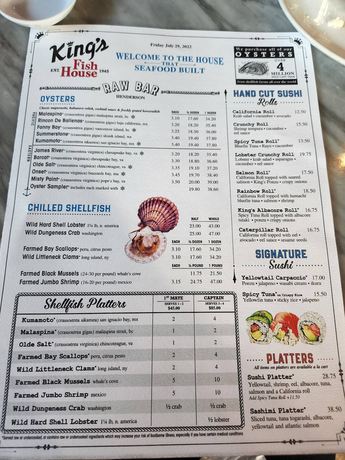 Menu at King's Fish House restaurant, Henderson, Village Walk Dr #139