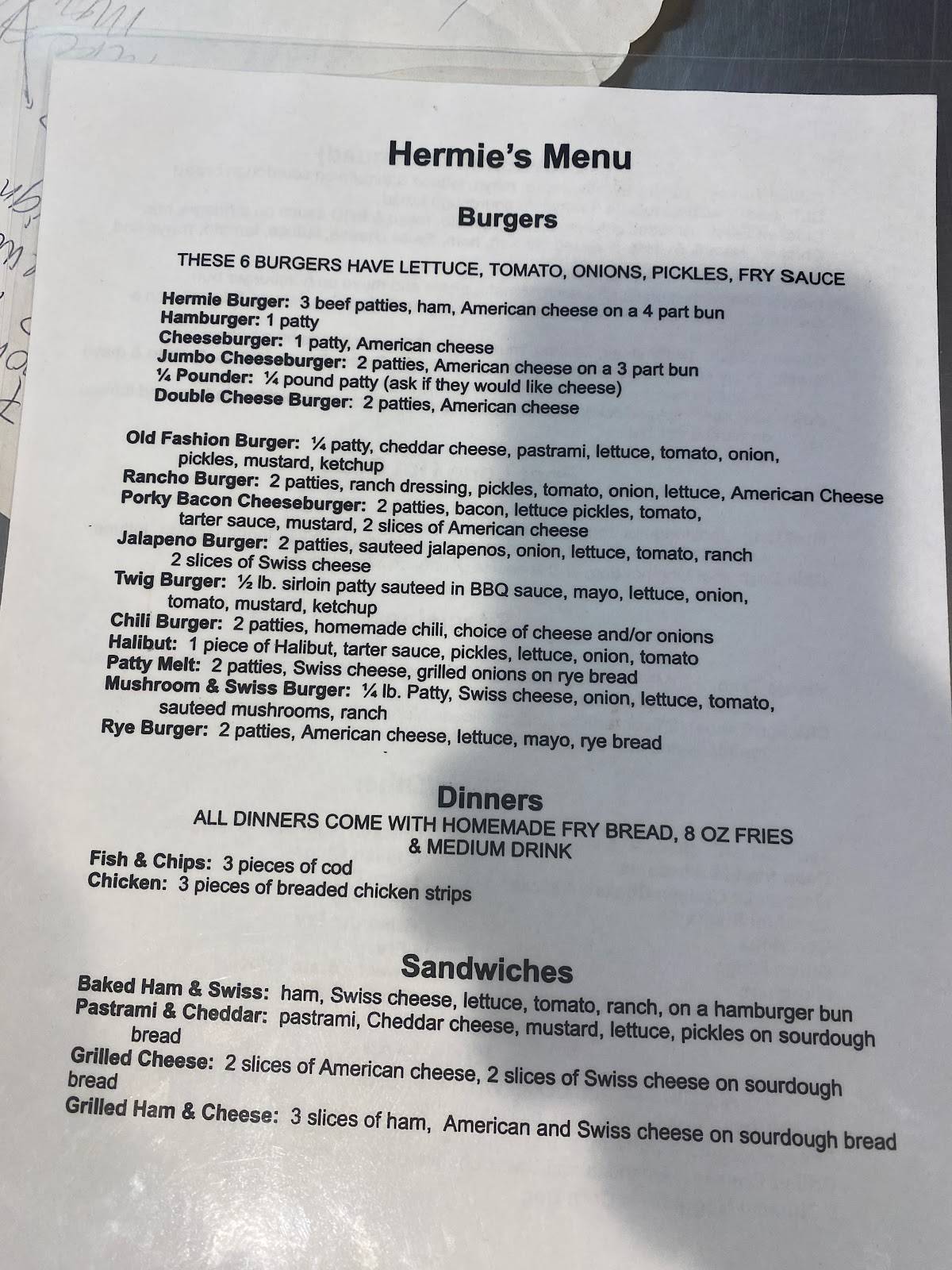 Menu at Hermie's Drive In restaurant, Cedar City
