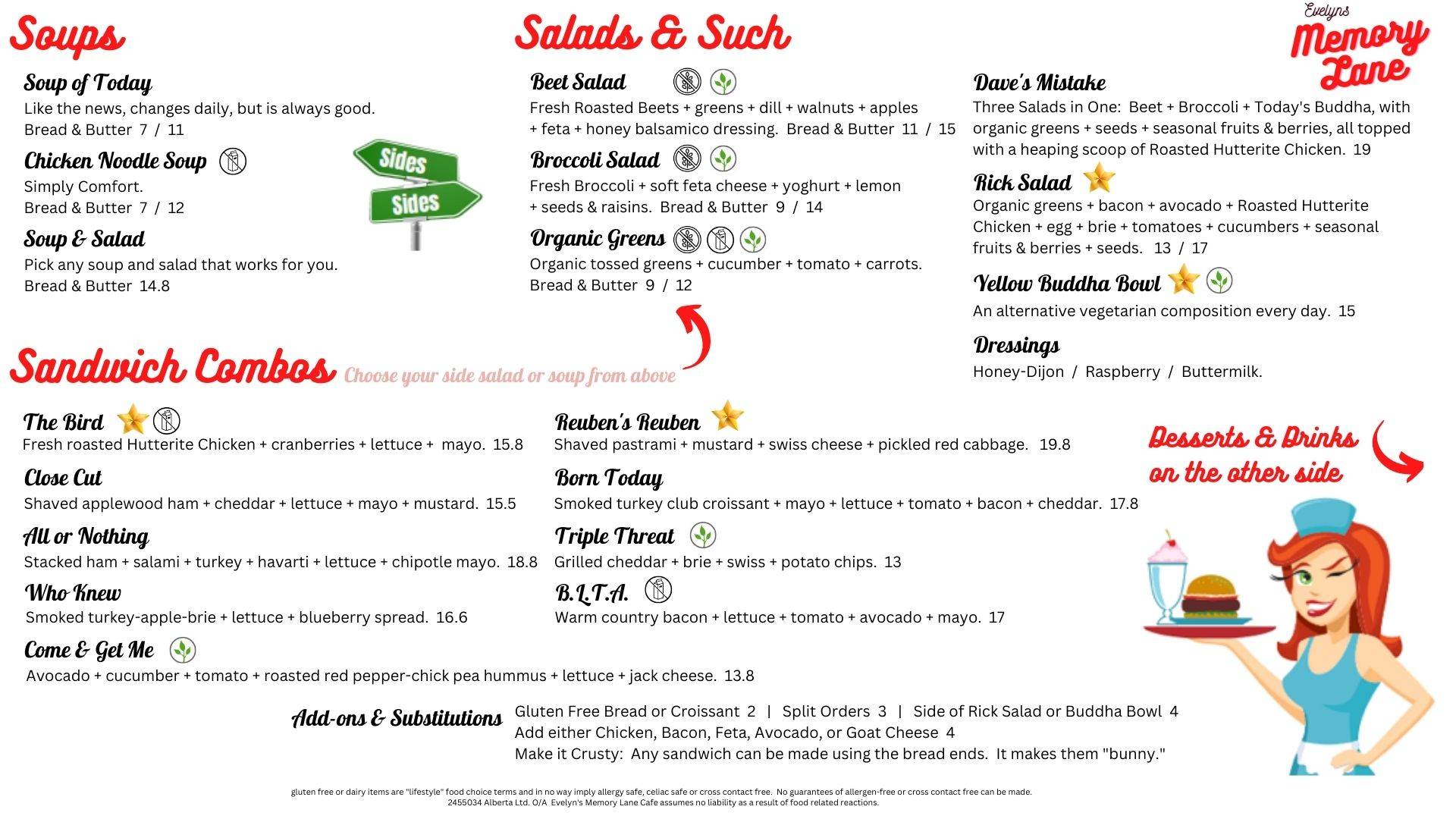 Menu at Evelyn's Memory Lane Diner cafe, High River