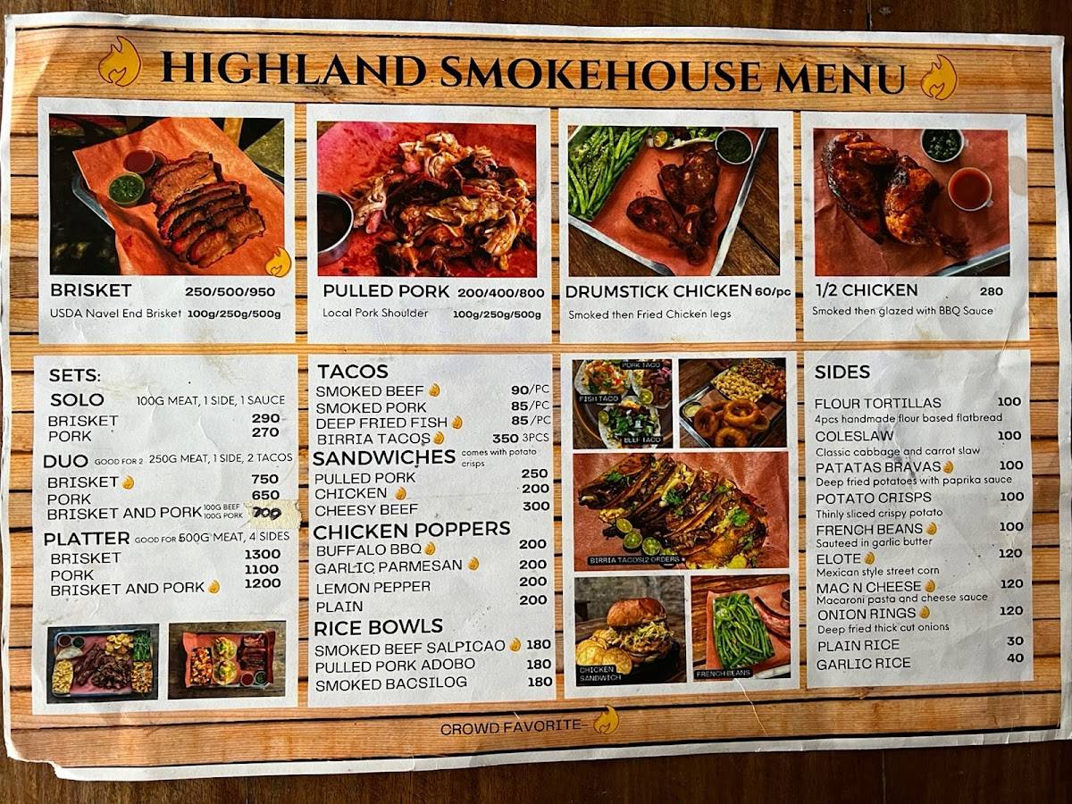 Menu at Highland Smokehouse restaurant, Baguio