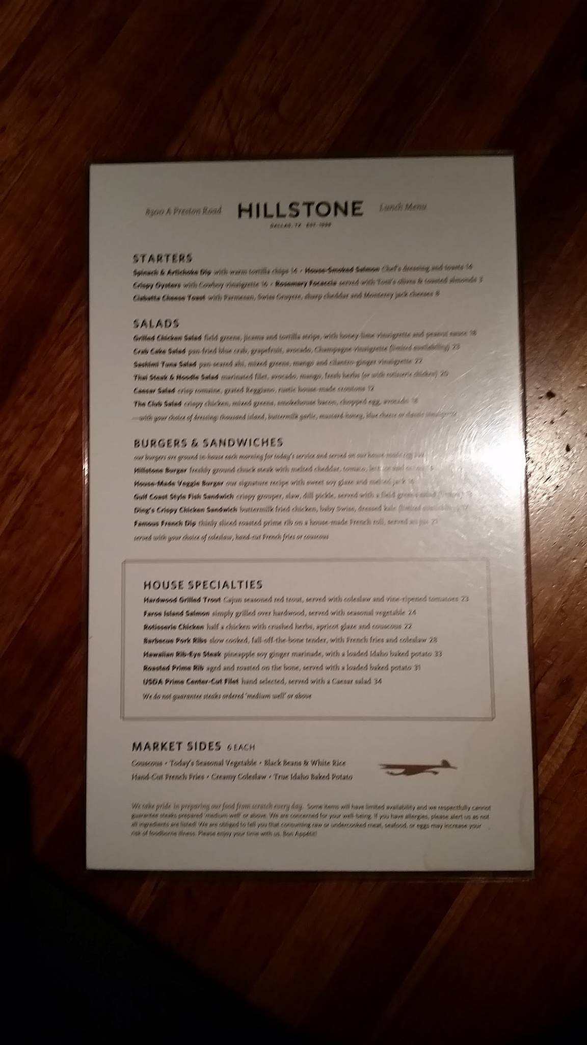 Menu at Hillstone steakhouse, Dallas, Preston Rd