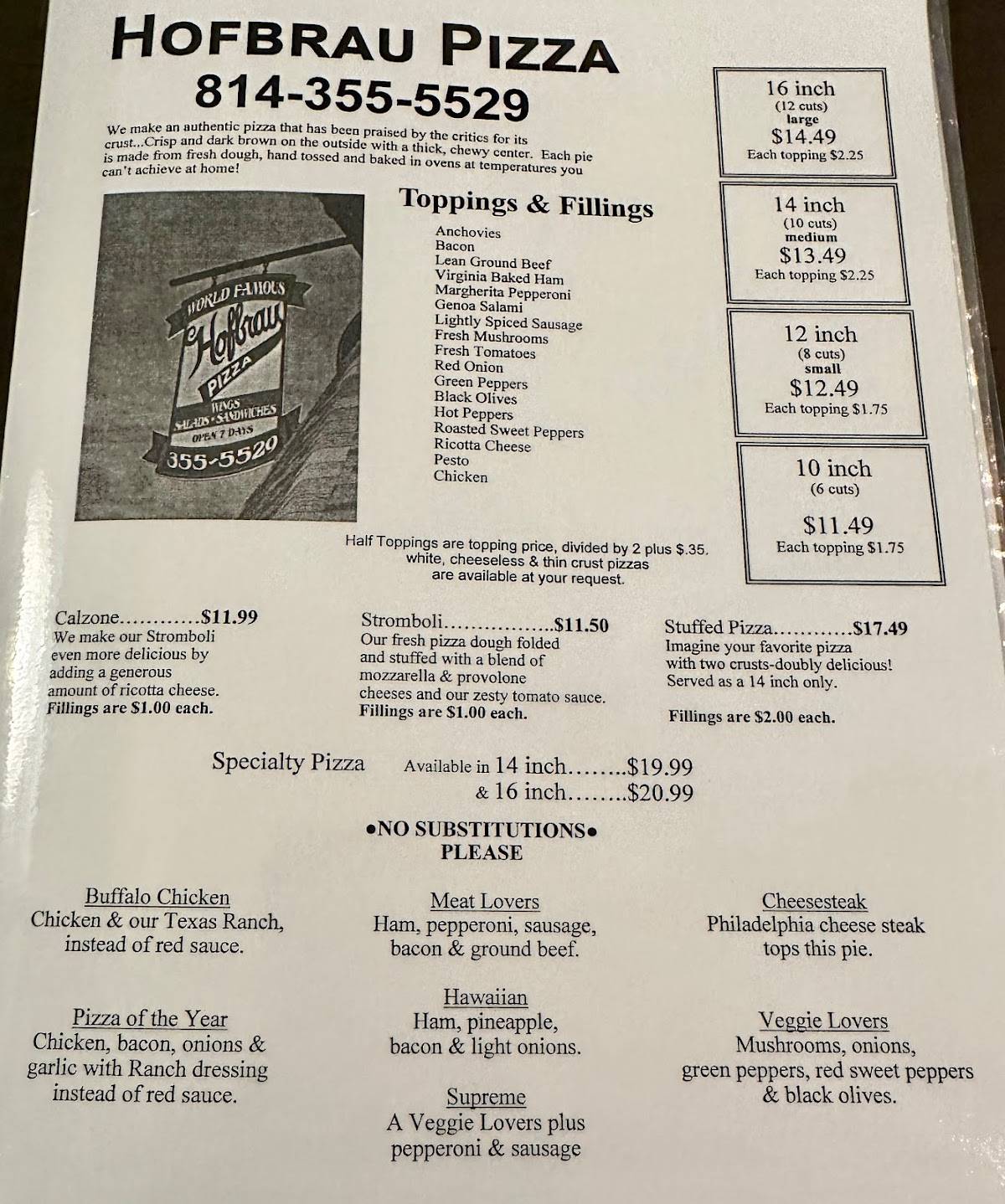 Menu at Hofbrau pizzeria, Bellefonte