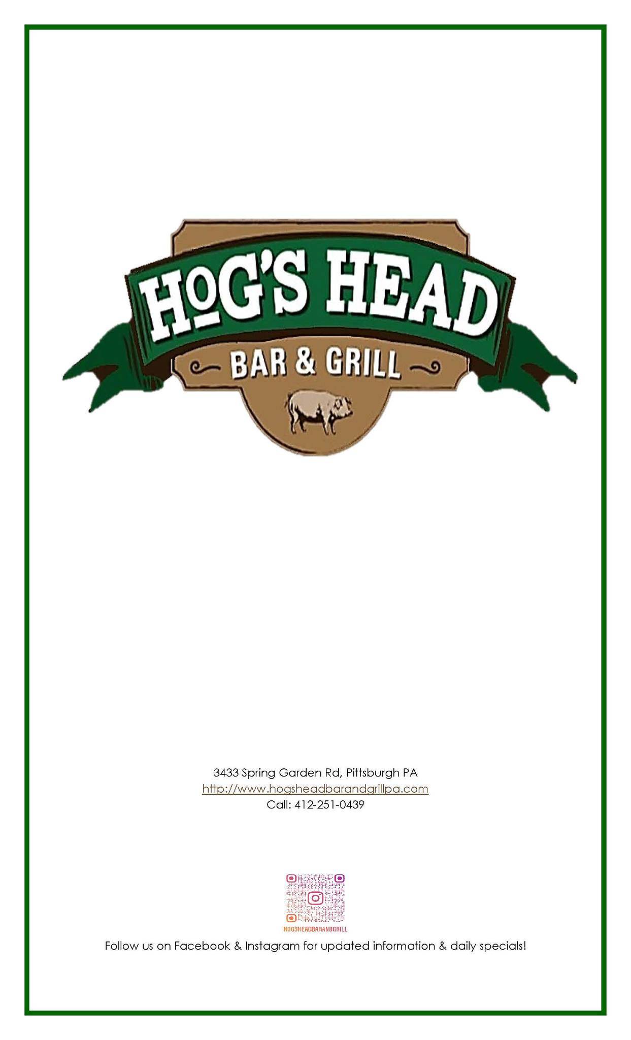 Menu at Hog's Head Bar and Grill, Pittsburgh