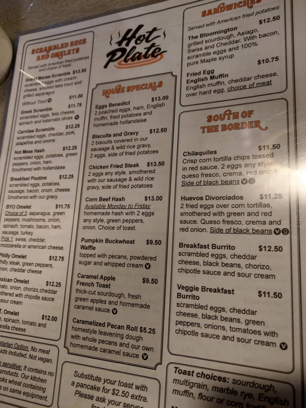 Menu at Hot Plate restaurant, Minneapolis, Bloomington Ave