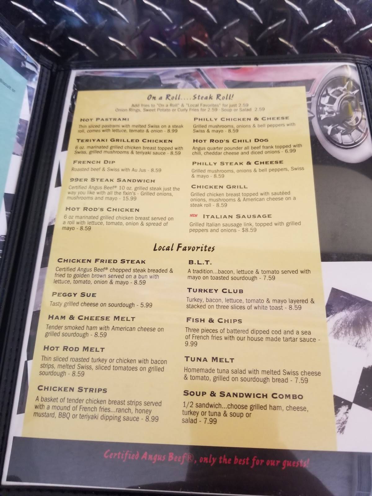 Menu at Hot Rod Diner restaurant, Turlock