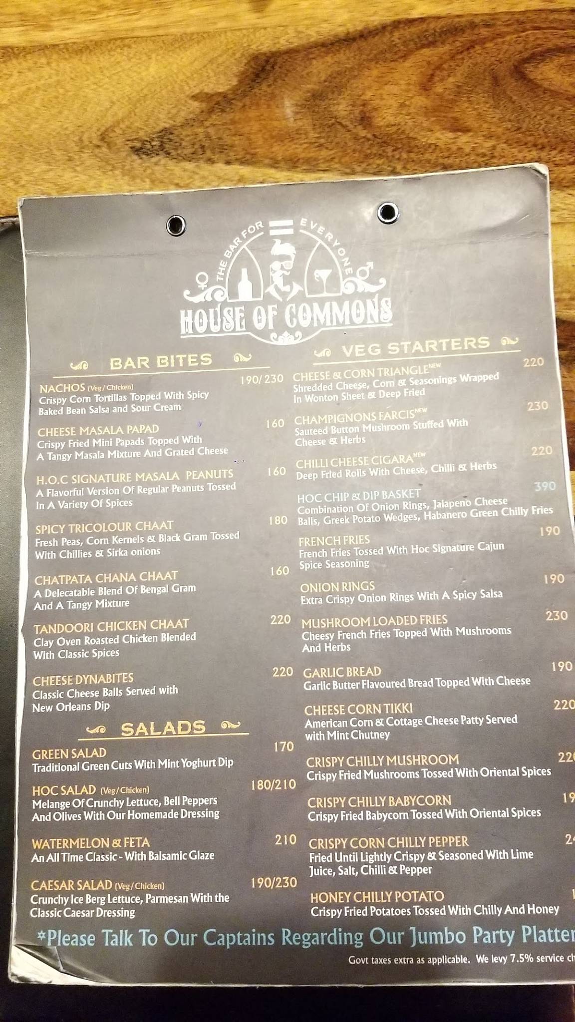 Menu at House of Commons, Bengaluru, 1st Floor