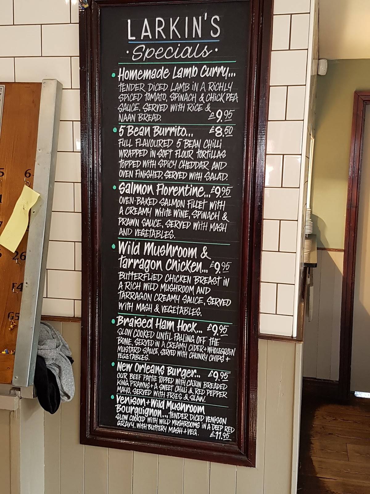 Menu at Larkin's Bar, Hull