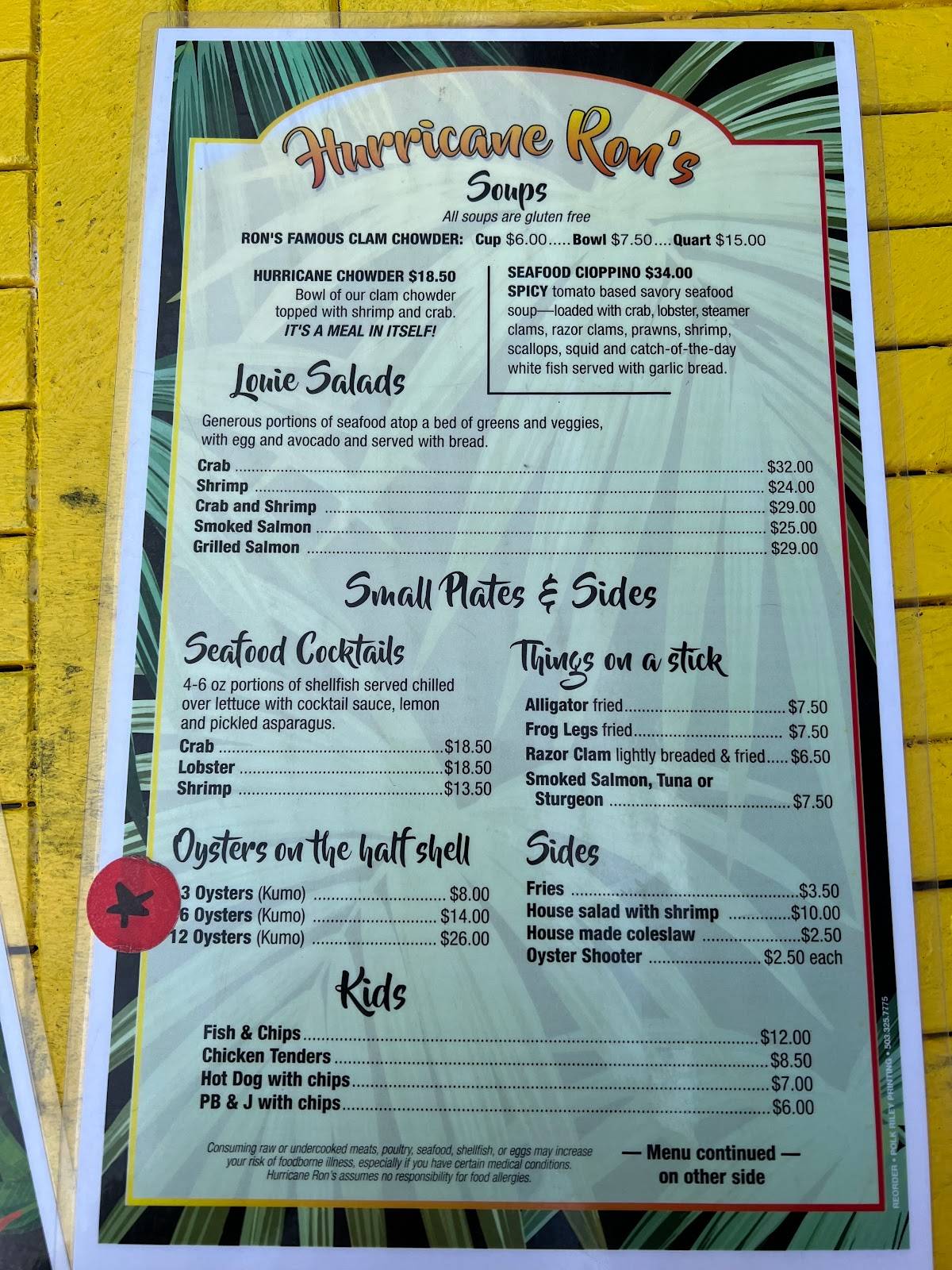 Menu at Hurricane Ron's restaurant, Astoria