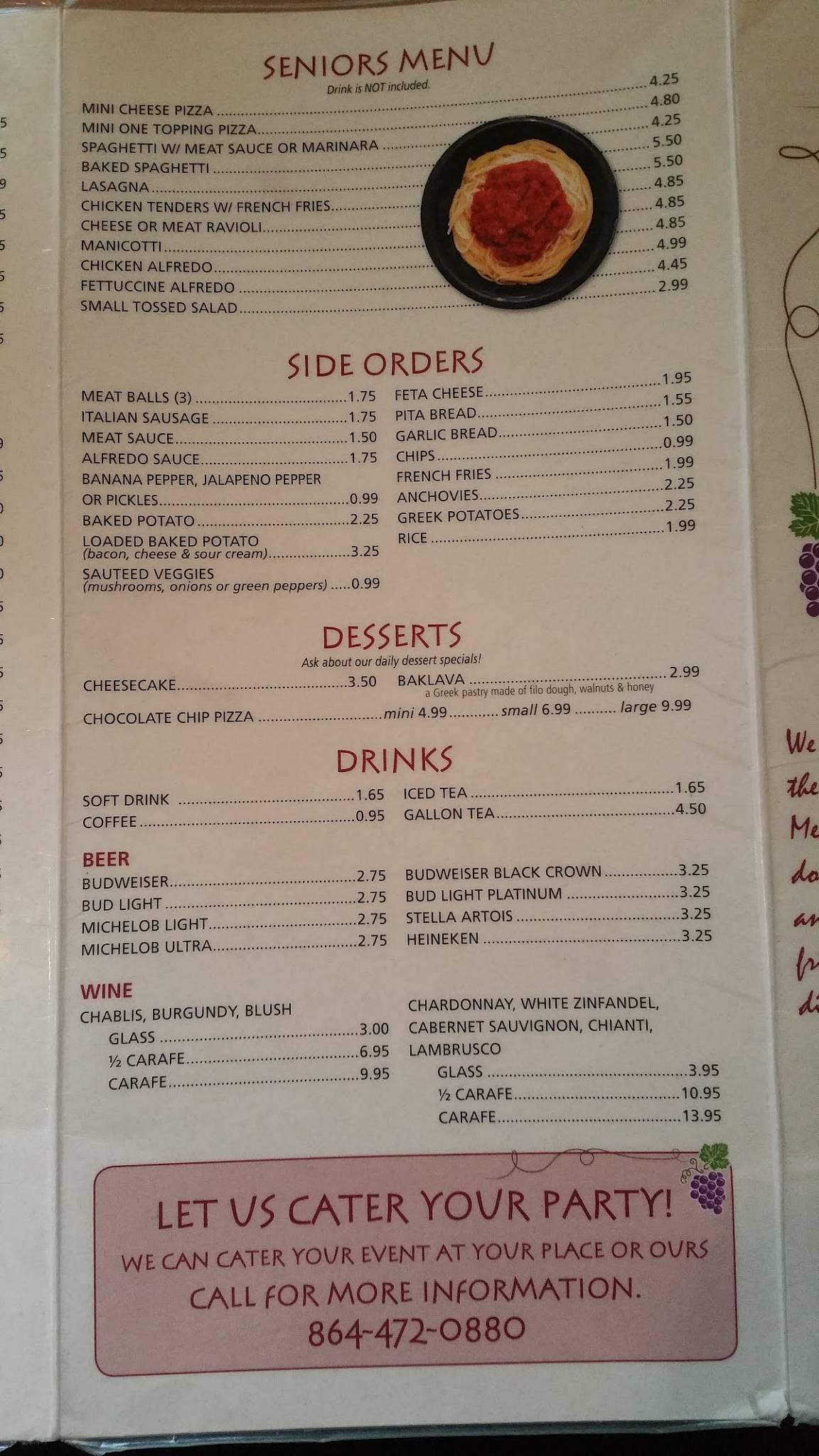 Menu at Inman House of Pizza restaurant, Inman
