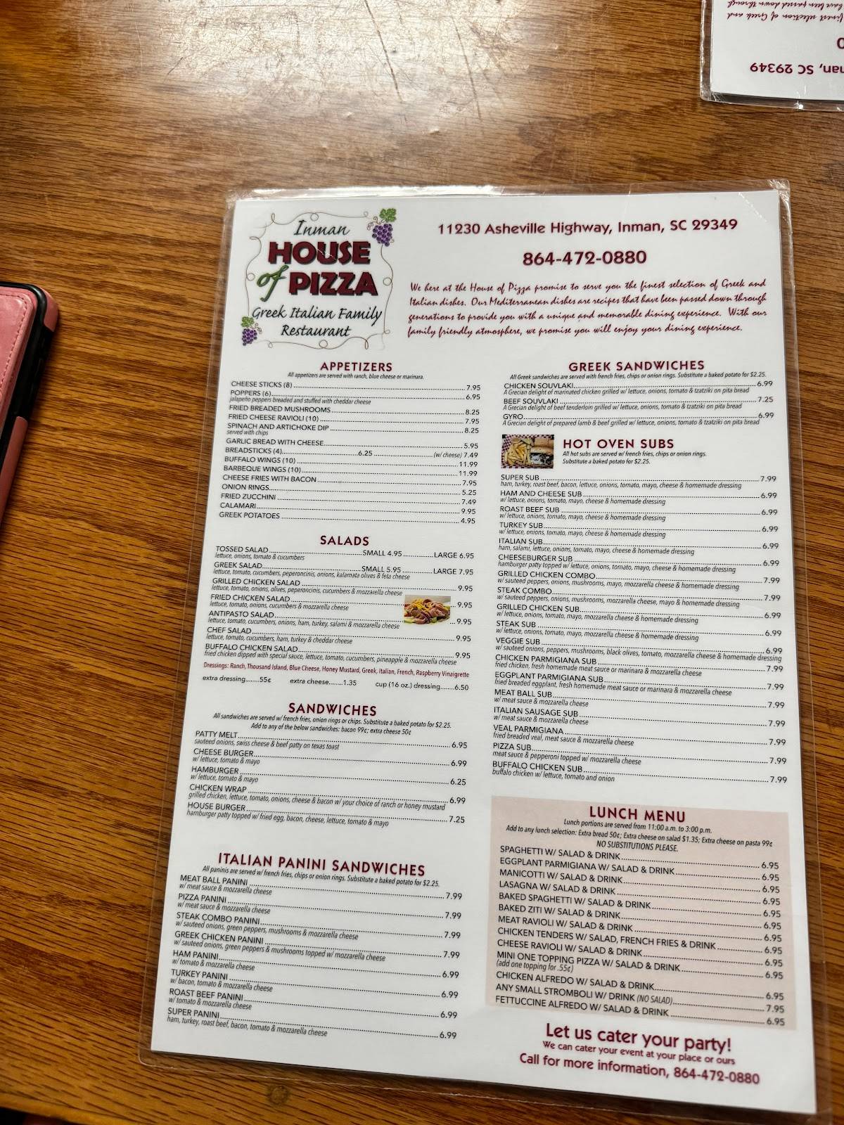 Menu at Inman House of Pizza restaurant, Inman