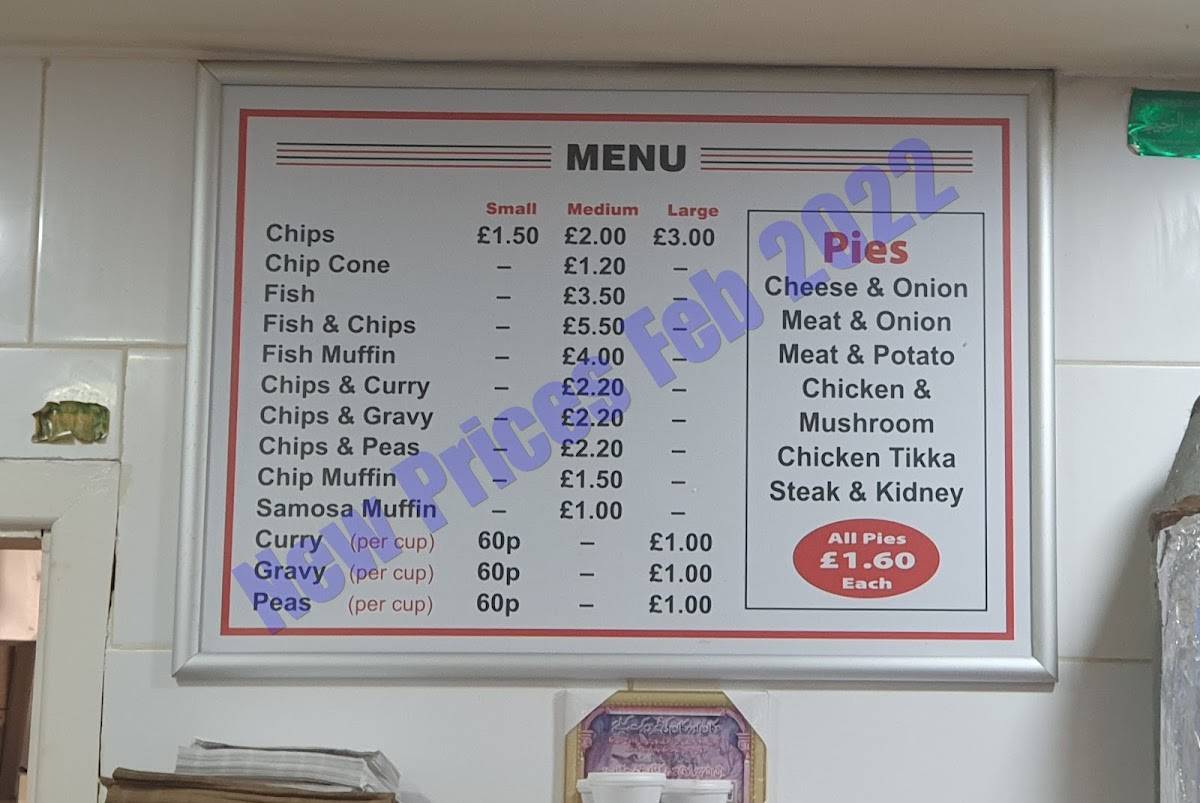 Menu at International Chippy restaurant, Rochdale