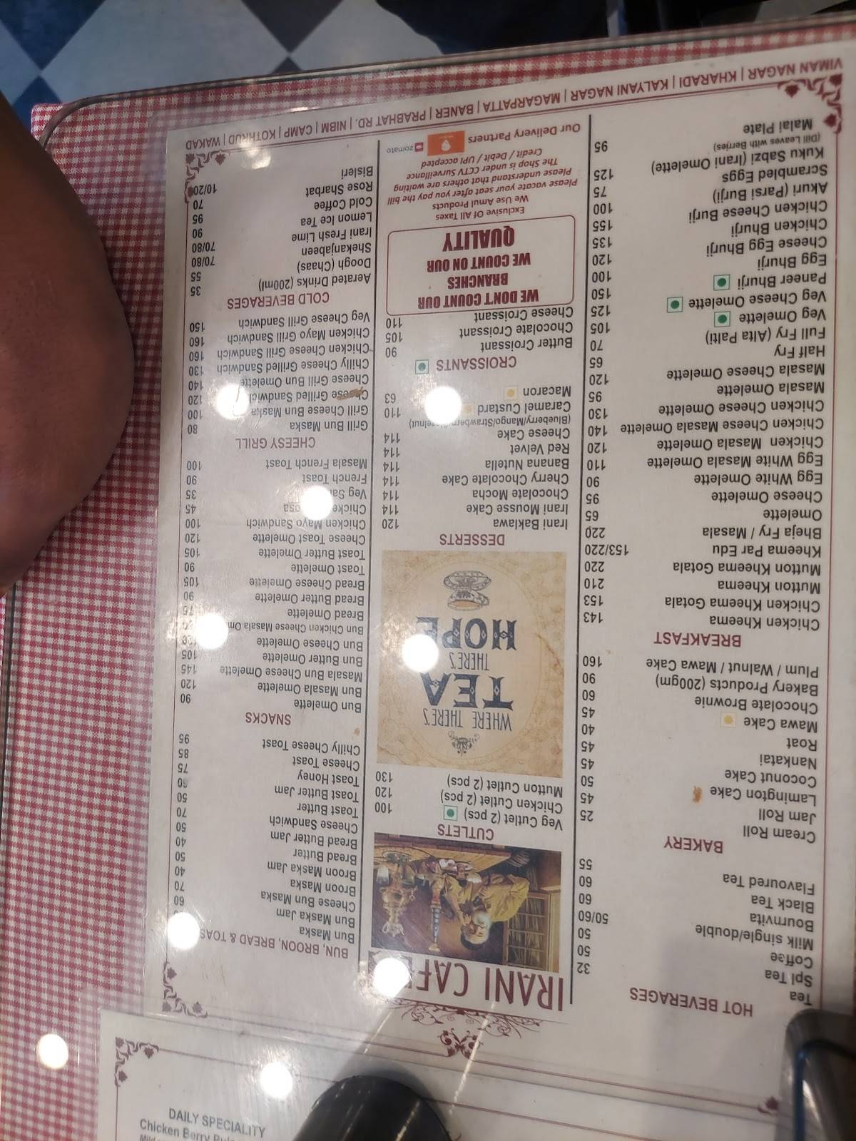 Menu at Irani Cafe, Pune