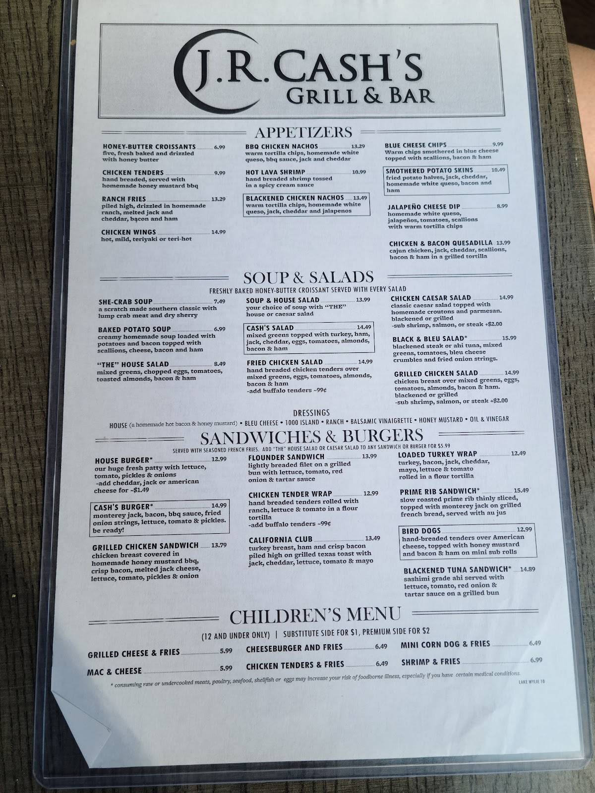 Menu at J.R. Cash's Grill & Bar, Mount Holly