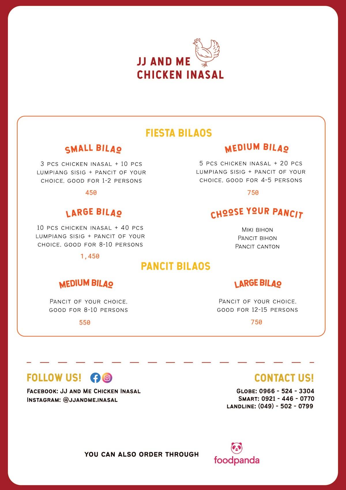 Menu at JJ and ME Chicken Inasal restaurant, Biñan