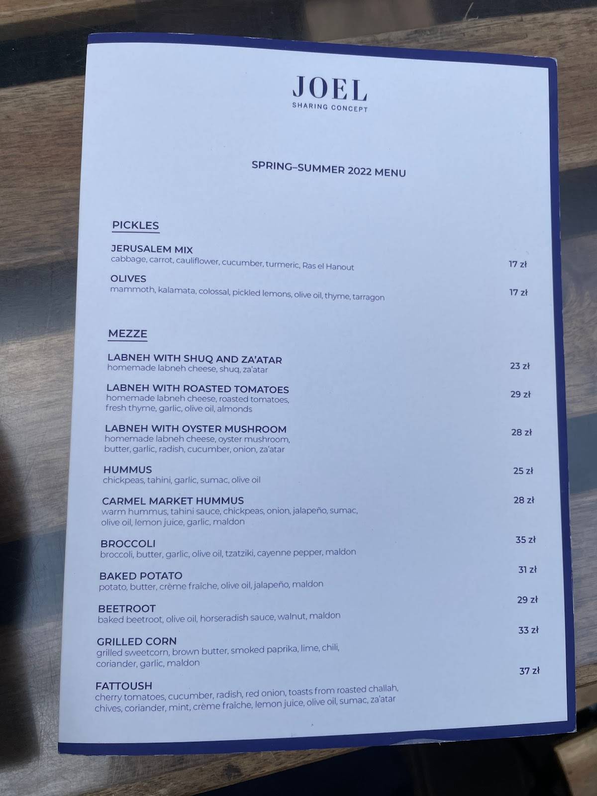 Menu at JOEL SHARING CONCEPT restaurant, Warsaw