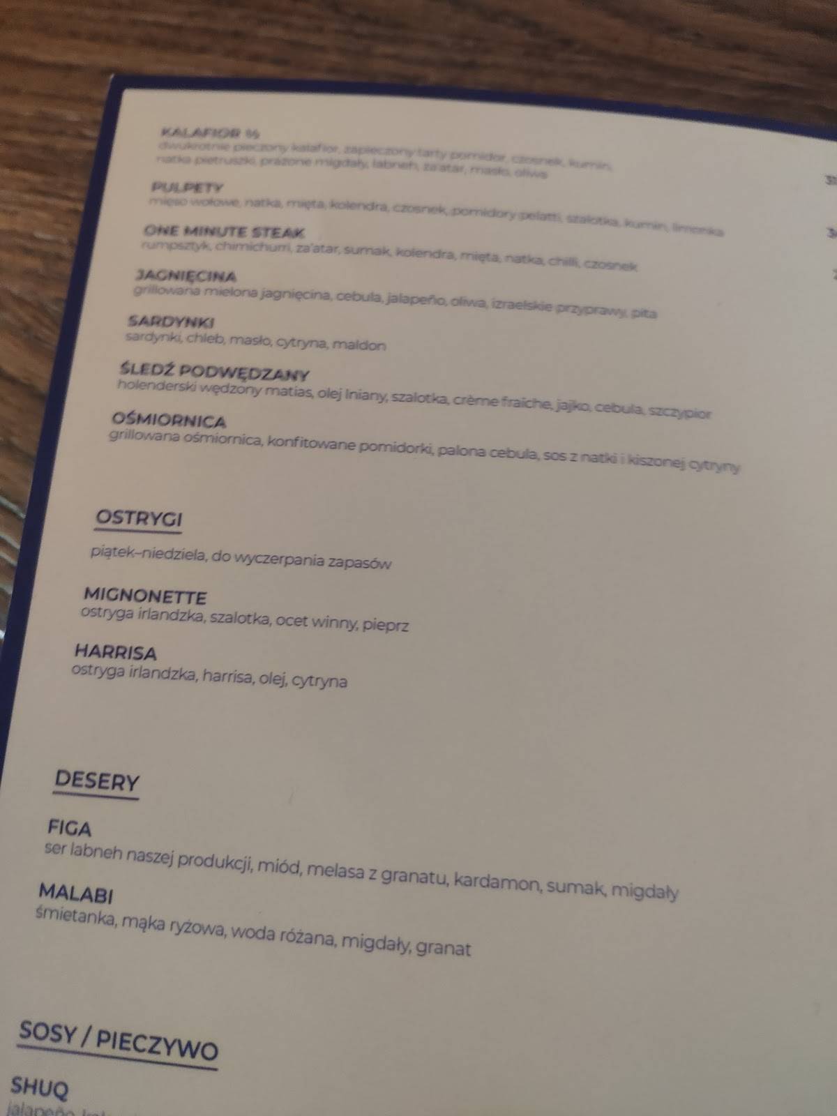Menu at JOEL SHARING CONCEPT restaurant, Warsaw