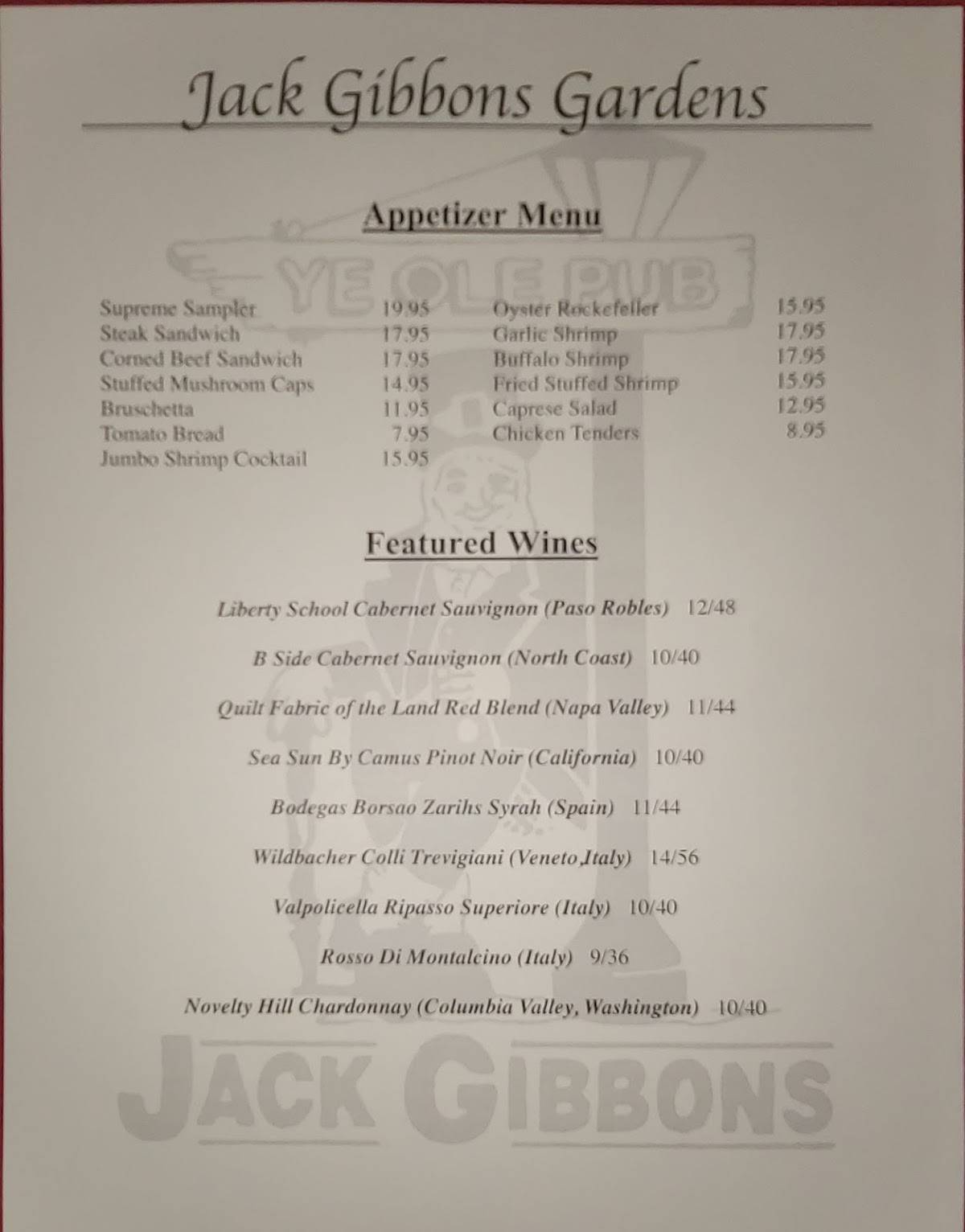 Menu at Jack Gibbons Gardens steakhouse, Oak Forest