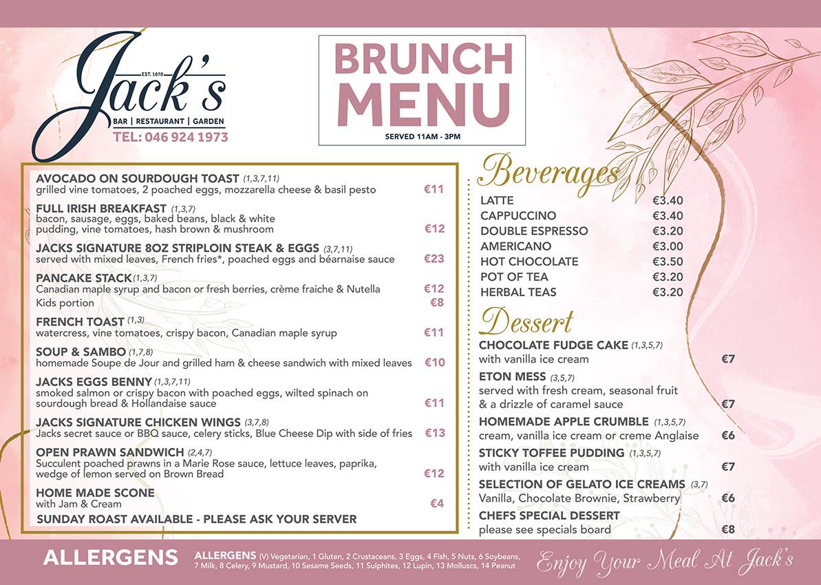 Menu at Jacks Bar and Garden, Kells