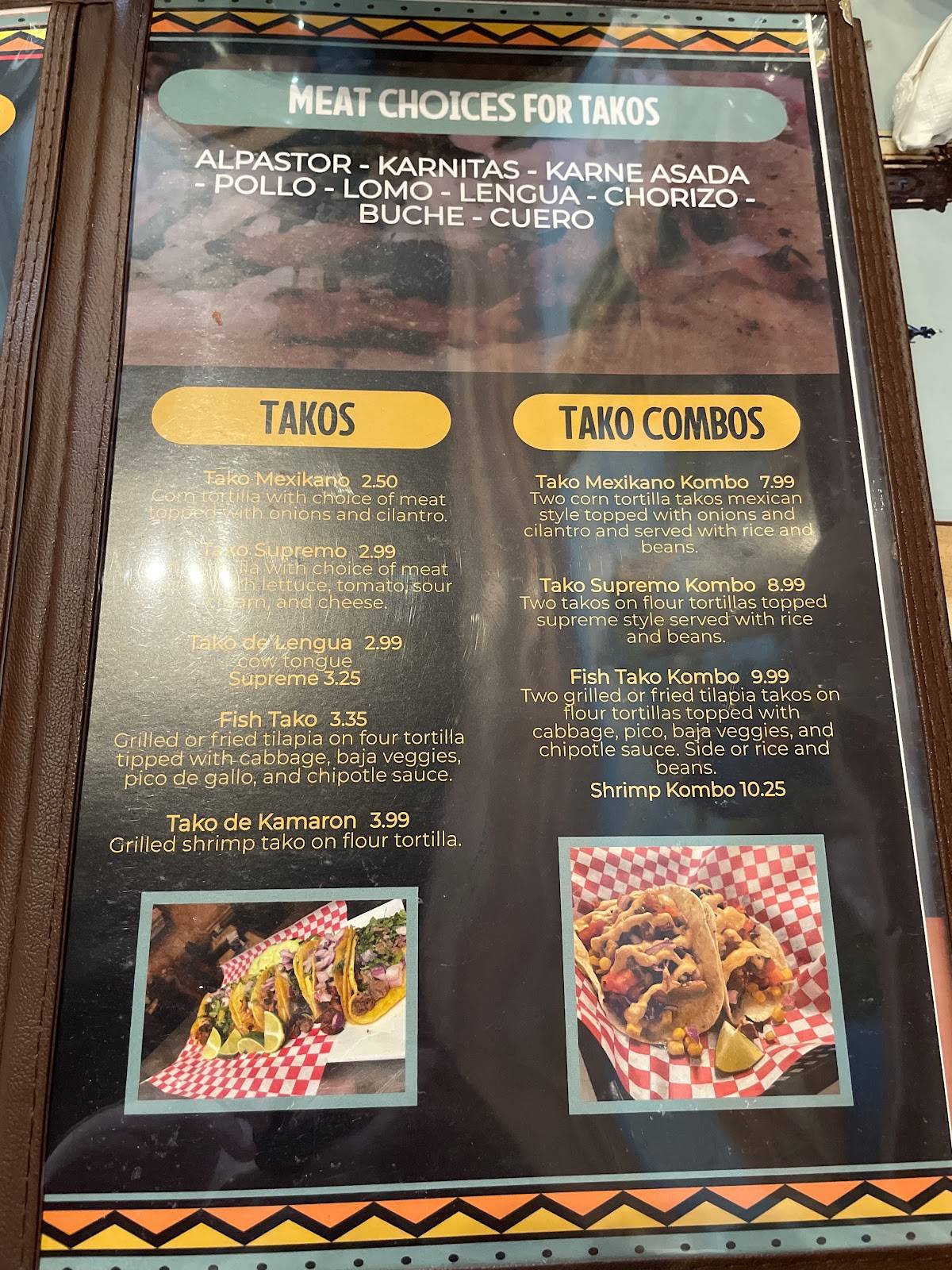 Menu at Takos Borukas restaurant, Jackson