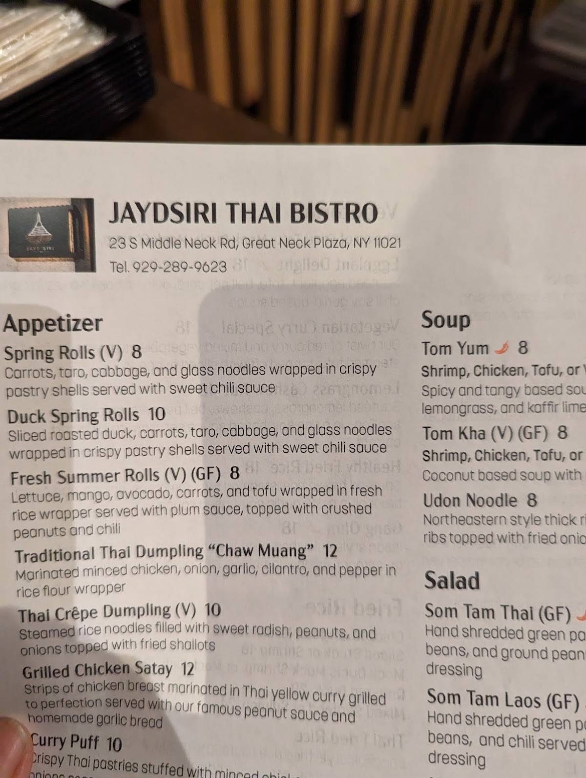 Menu at JaydSiri Thai Bistro restaurant, Great Neck Plaza