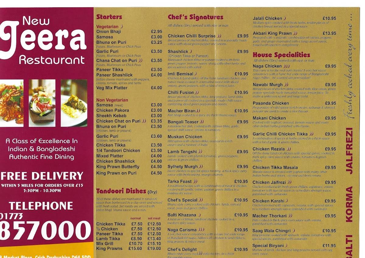 Menu at Jeera Restaurant, Crich