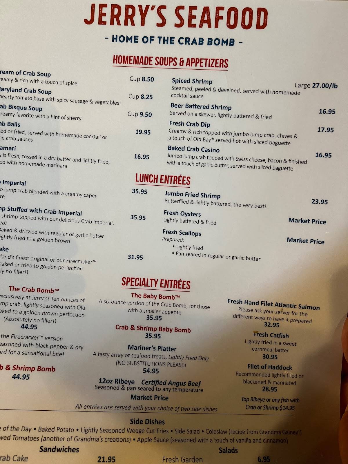 Menu at Jerry's Seafood "Home of the Crab Bomb" restaurant, Bowie