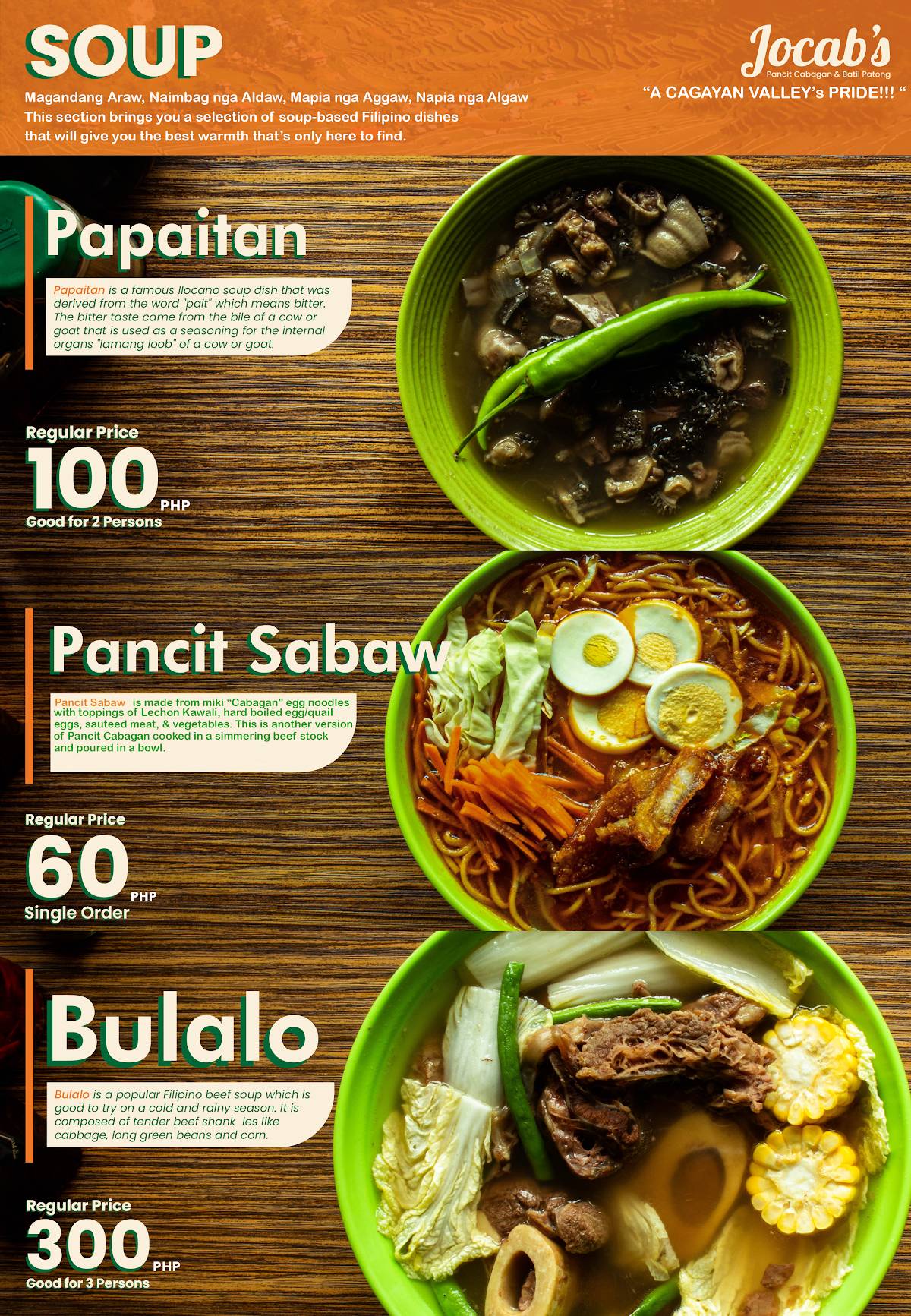 Menu at Jocab's Pancit Batil Patong at Pancit Cabagan Cagayan Valley's ...