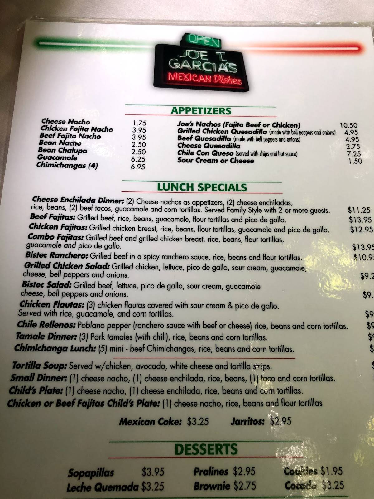 Menu at Joe T. Garcia's restaurant, Fort Worth
