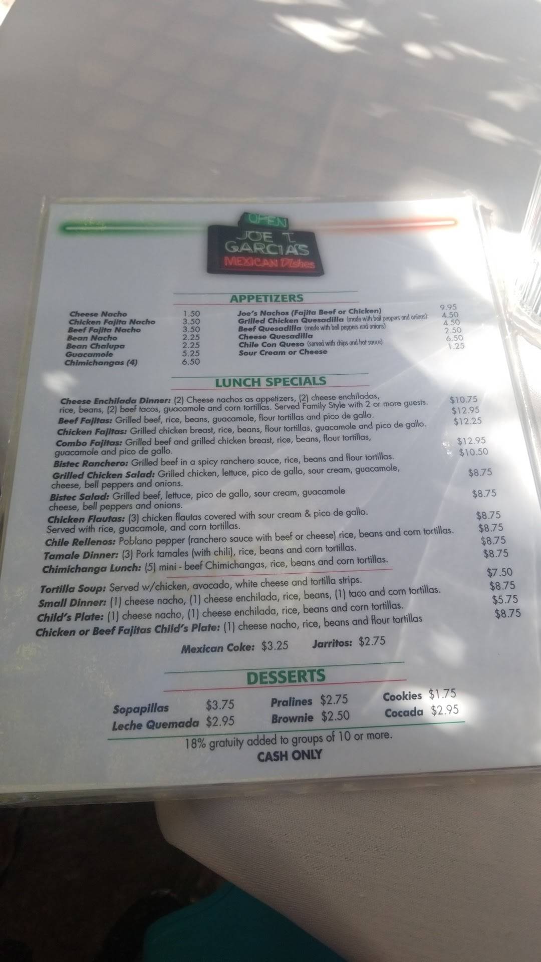 Menu at Joe T. Garcia's restaurant, Fort Worth
