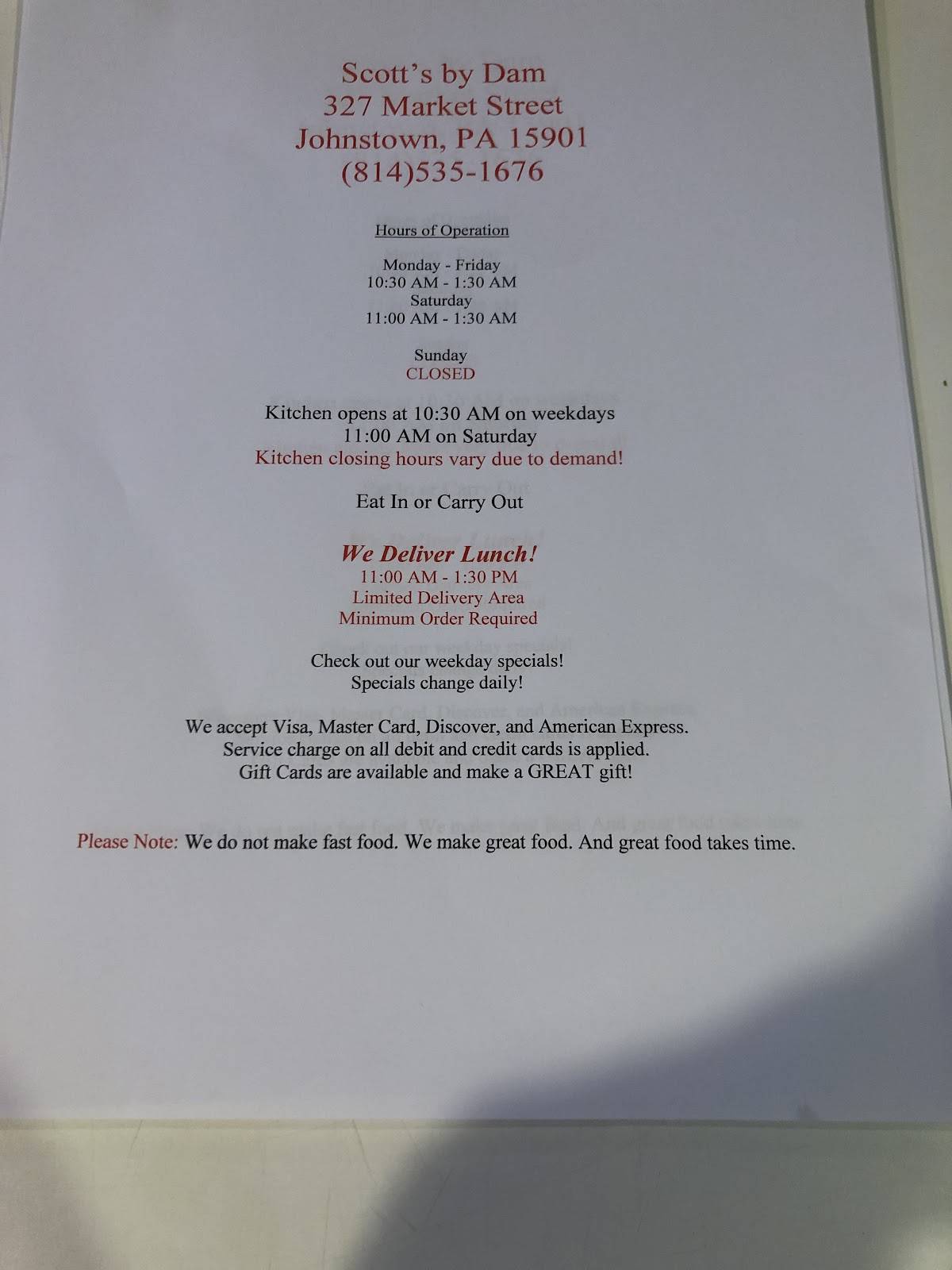 Menu at Scott's By Dam pub & bar, Johnstown