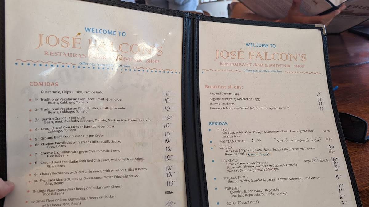 Menu at Jose Falcon's Restaurant & Bar, Boquillas del Carmen