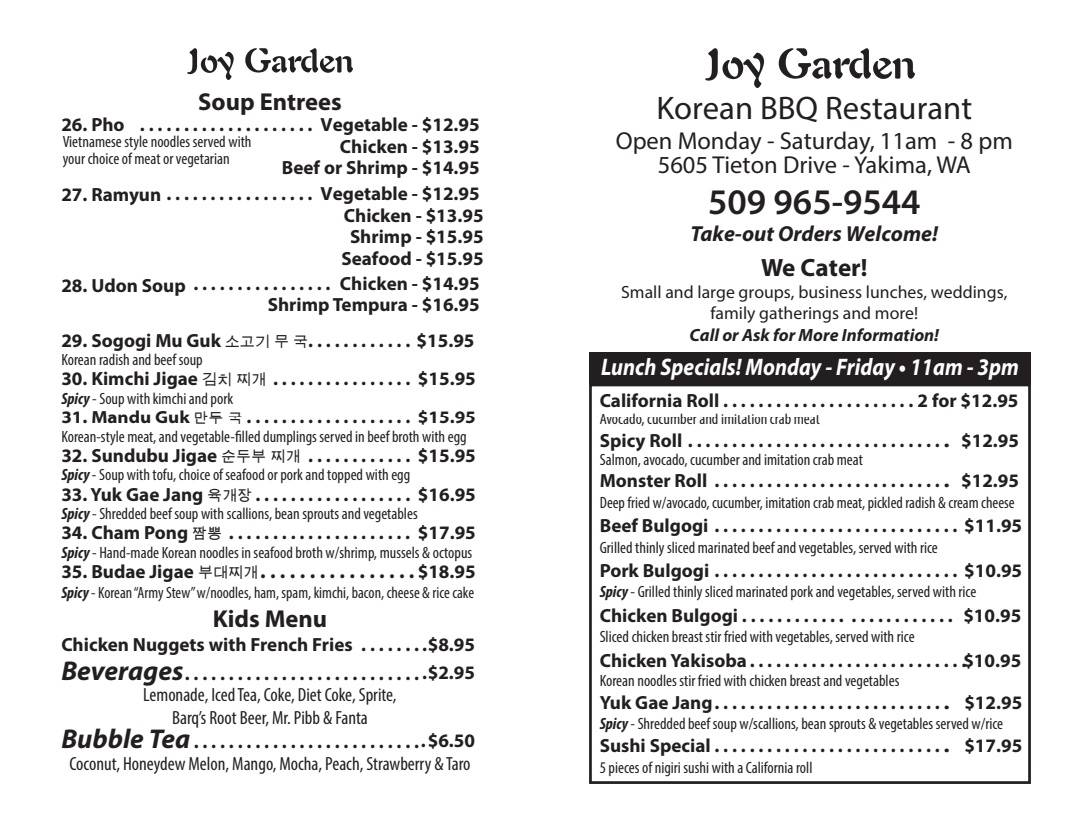Menu at Joy Garden restaurant, Yakima
