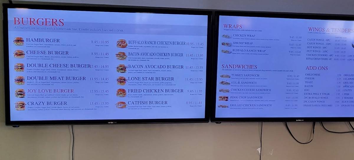 Menu at Joy Love Burgers restaurant, Houston, Brittmoore Rd