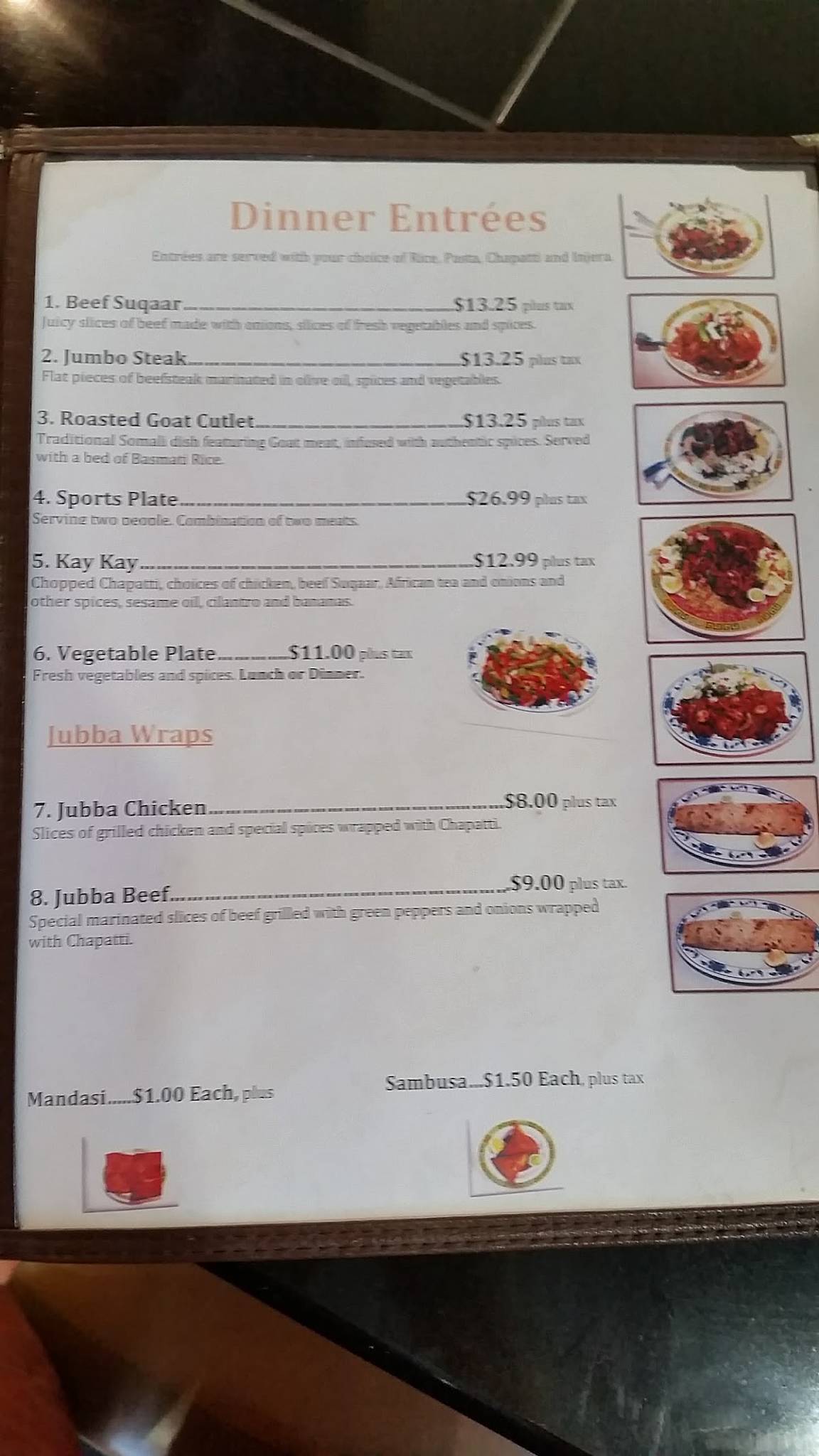 Menu at Jubba Somali Restaurant, San Jose