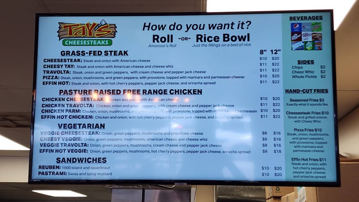 Menu at Tay’s Cheesesteak restaurant, Kansas City