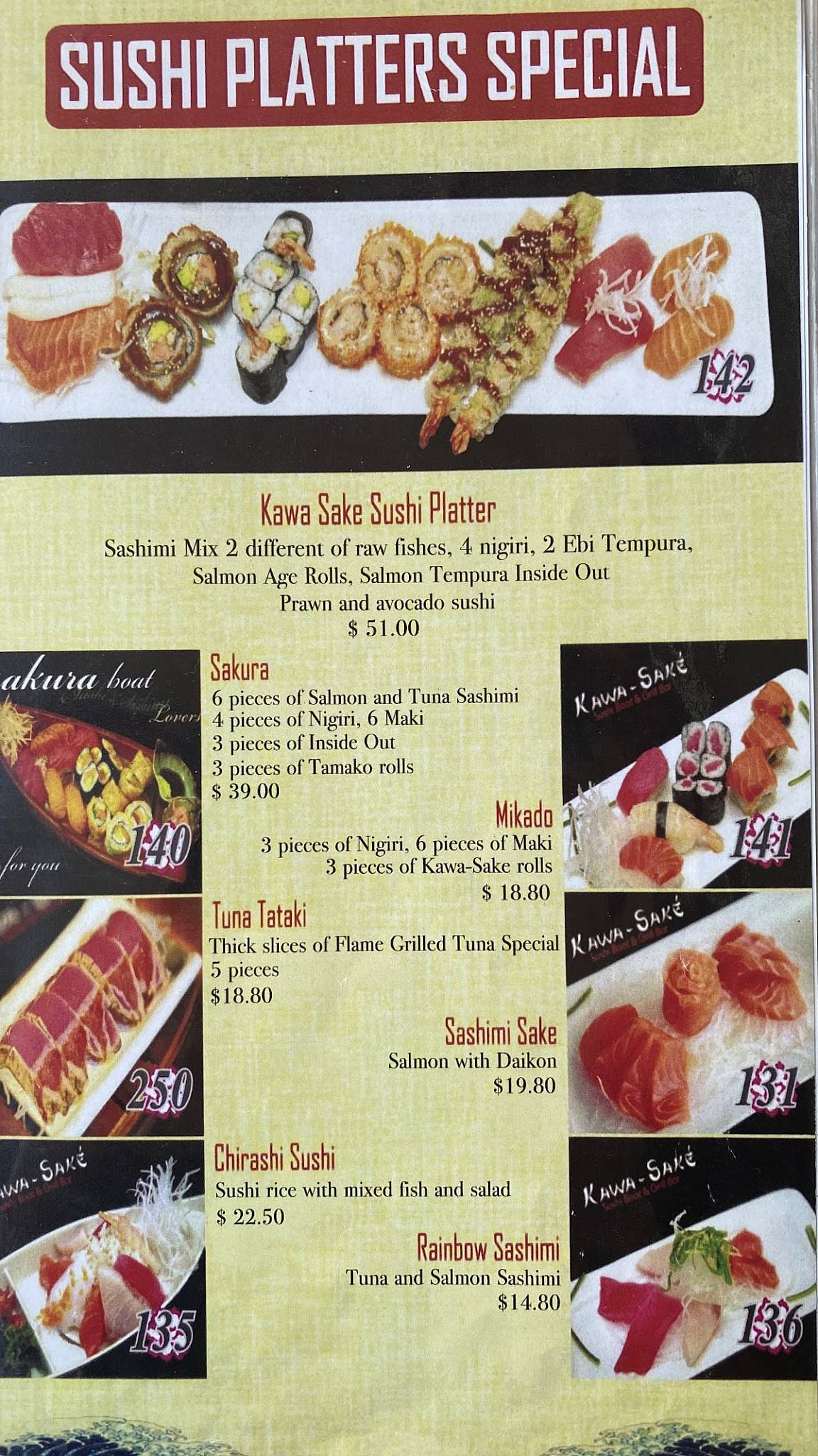 Menu at Kawa Sake Sushi Boat restaurant, Yarraville